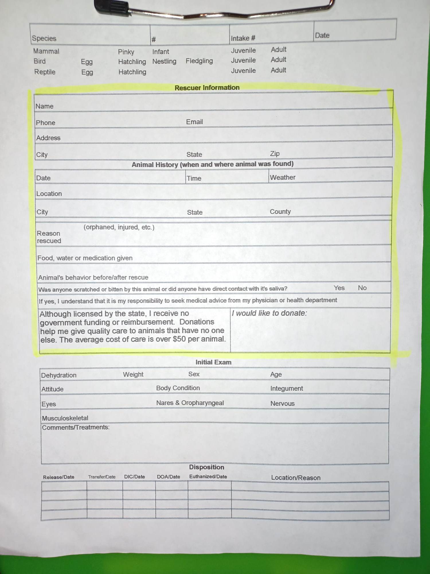 The intake form-an explanation - Primarily Possums